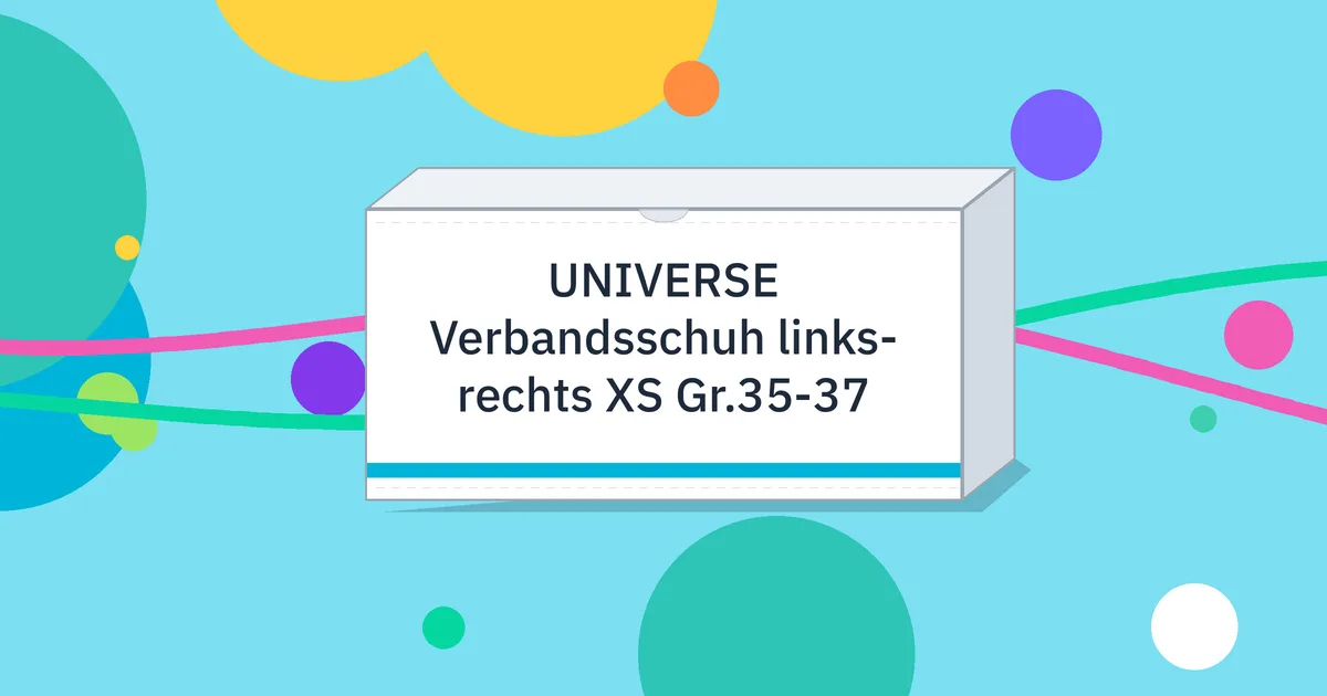 Symbolbild: Packung mit der Aufschrift UNIVERSE Verbandsschuh links-rechts XS Gr.35-37 (PZN 17197372) – Verfügbarkeit und Bezug in Apotheken in Frankfurt am Main