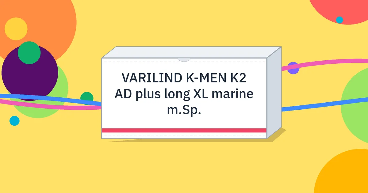 Symbolbild: Packung mit der Aufschrift VARILIND K-MEN K2 AD plus long XL marine m.Sp. (PZN 20569481) – Verfügbarkeit und Bezug in Apotheken in Frankfurt am Main