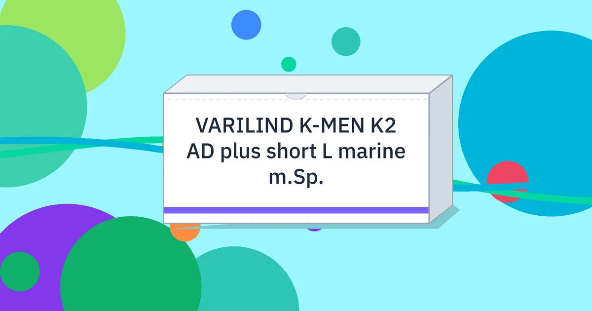 Symbolbild: Packung mit der Aufschrift VARILIND K-MEN K2 AD plus short L marine m.Sp. (PZN 20569423) – Verfügbarkeit und Bezug in Apotheken in Frankfurt am Main