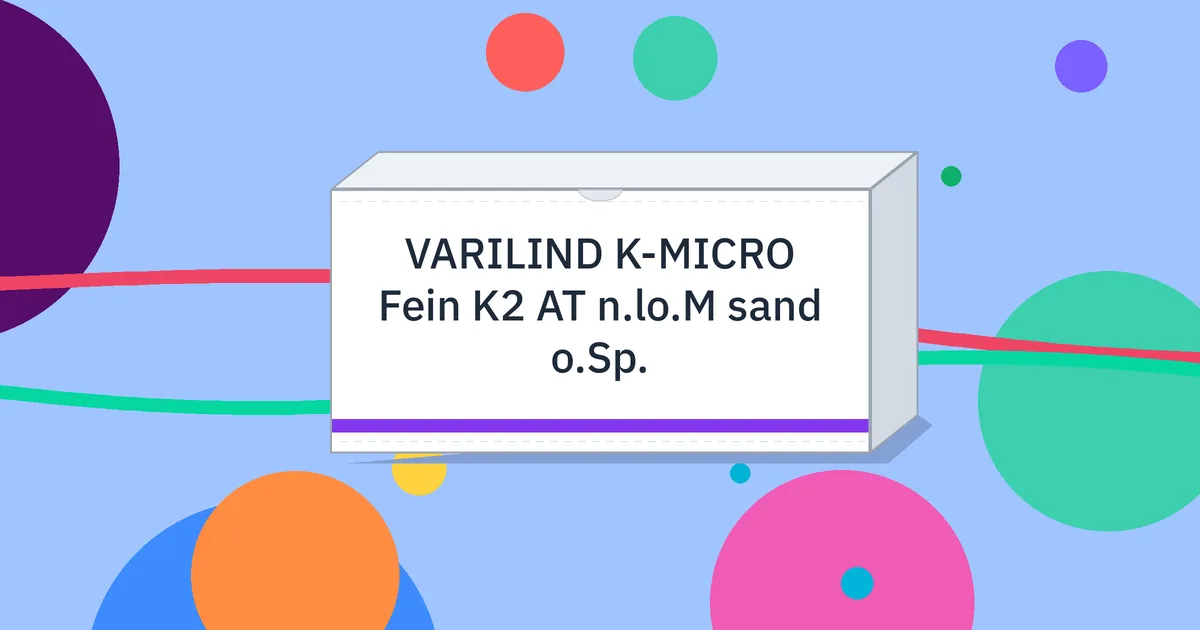 Symbolbild: Packung mit der Aufschrift VARILIND K-MICRO Fein K2 AT n.lo.M sand o.Sp. (PZN 20553178) – Verfügbarkeit und Bezug in Apotheken in Frankfurt am Main
