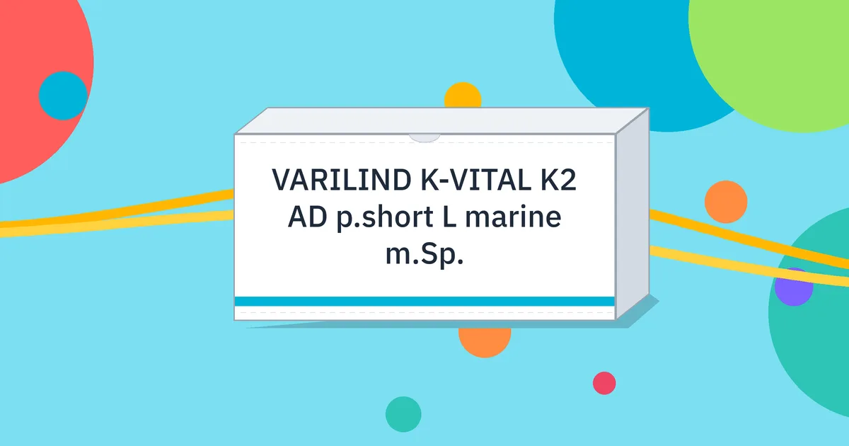 Symbolbild: Packung mit der Aufschrift VARILIND K-VITAL K2 AD p.short L marine m.Sp. (PZN 20567855) – Verfügbarkeit und Bezug in Apotheken in Frankfurt am Main