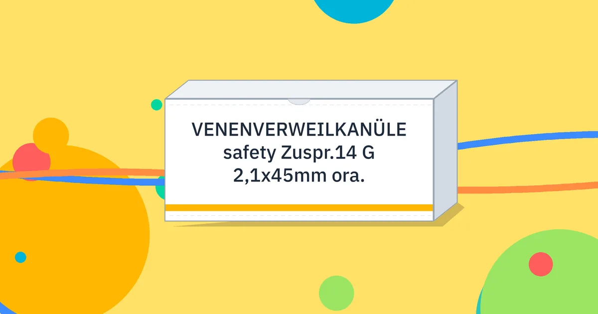 Symbolbild: Packung mit der Aufschrift VENENVERWEILKANÜLE safety Zuspr.14 G 2,1x45mm ora. (PZN 18717767) – Verfügbarkeit und Bezug in Apotheken in Frankfurt am Main
