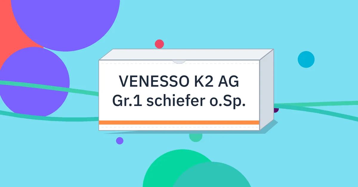 Symbolbild: Packung mit der Aufschrift VENESSO K2 AG Gr.1 schiefer o.Sp. (PZN 03280112) – Verfügbarkeit und Bezug in Apotheken in Frankfurt am Main
