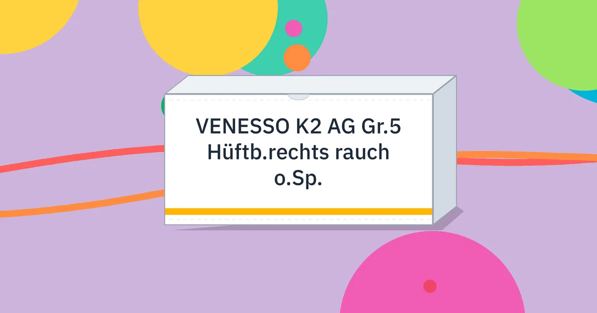 Symbolbild: Packung mit der Aufschrift VENESSO K2 AG Gr.5 Hüftb.rechts rauch o.Sp. (PZN 03272041) – Verfügbarkeit und Bezug in Apotheken in Frankfurt am Main