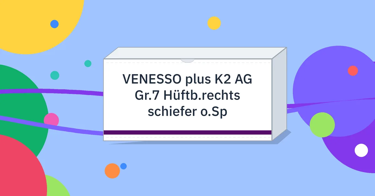 Symbolbild: Packung mit der Aufschrift VENESSO plus K2 AG Gr.7 Hüftb.rechts schiefer o.Sp (PZN 03298750) – Verfügbarkeit und Bezug in Apotheken in Frankfurt am Main