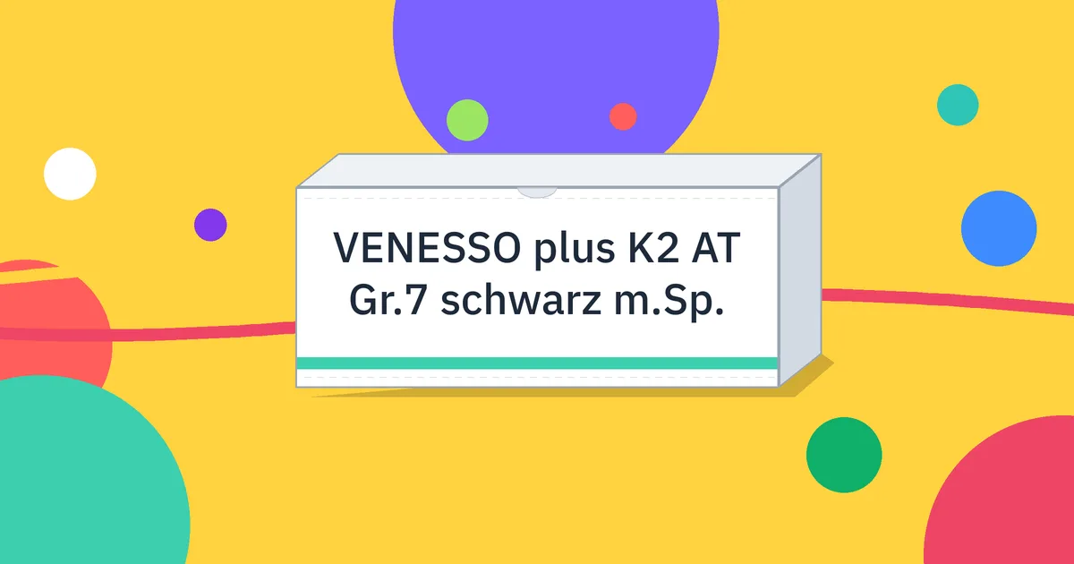 Symbolbild: Packung mit der Aufschrift VENESSO plus K2 AT Gr.7 schwarz m.Sp. (PZN 03287522) – Verfügbarkeit und Bezug in Apotheken in Frankfurt am Main