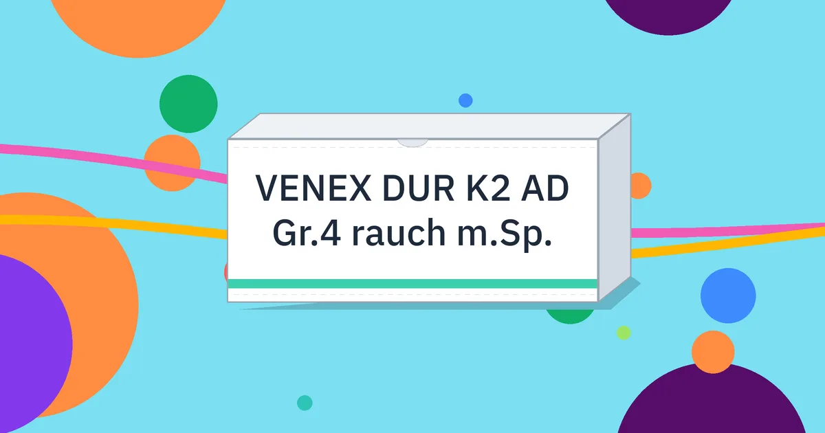 Symbolbild: Packung mit der Aufschrift VENEX DUR K2 AD Gr.4 rauch m.Sp. (PZN 03208600) – Verfügbarkeit und Bezug in Apotheken in Frankfurt am Main