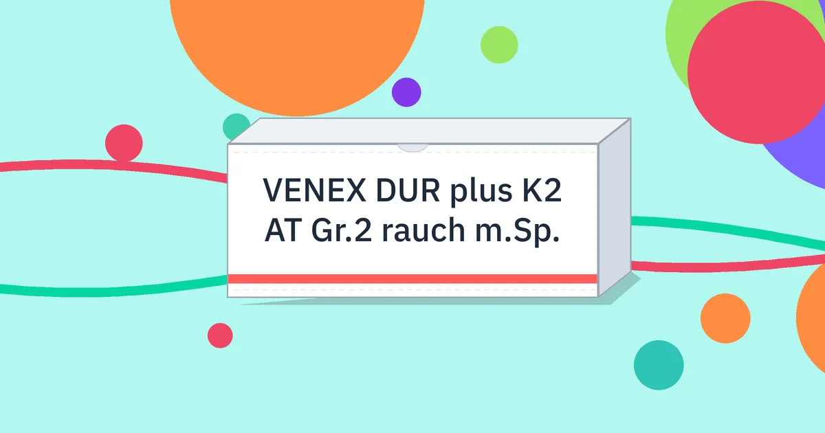 Symbolbild: Packung mit der Aufschrift VENEX DUR plus K2 AT Gr.2 rauch m.Sp. (PZN 03234193) – Verfügbarkeit und Bezug in Apotheken in Frankfurt am Main