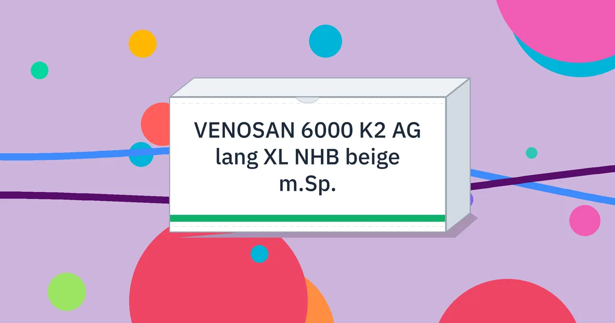 Symbolbild: Packung mit der Aufschrift VENOSAN 6000 K2 AG lang XL NHB beige m.Sp. (PZN 17172797) – Verfügbarkeit und Bezug in Apotheken in Frankfurt am Main