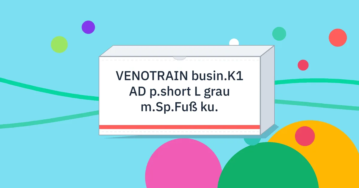 Symbolbild: Packung mit der Aufschrift VENOTRAIN busin.K1 AD p.short L grau m.Sp.Fuß ku. (PZN 19057250) – Verfügbarkeit und Bezug in Apotheken in Frankfurt am Main