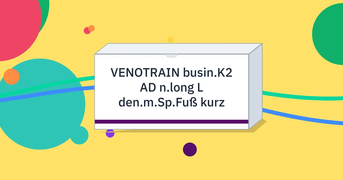 Symbolbild: Packung mit der Aufschrift VENOTRAIN busin.K2 AD n.long L den.m.Sp.Fuß kurz (PZN 19057801) – Verfügbarkeit und Bezug in Apotheken in Frankfurt am Main