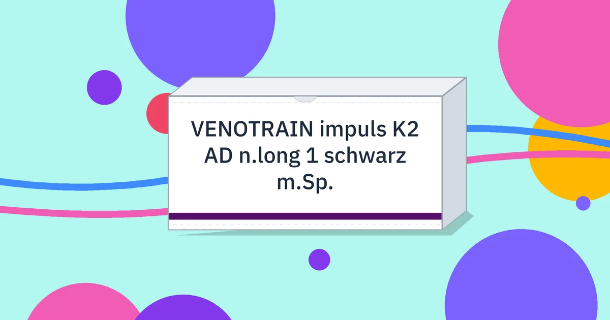 Symbolbild: Packung mit der Aufschrift VENOTRAIN impuls K2 AD n.long 1 schwarz m.Sp. (PZN 00616652) – Verfügbarkeit und Bezug in Apotheken in Frankfurt am Main