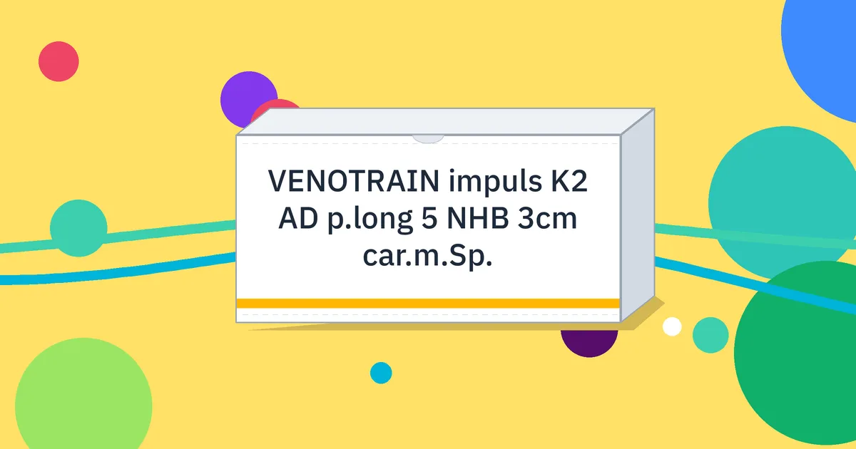 Symbolbild: Packung mit der Aufschrift VENOTRAIN impuls K2 AD p.long 5 NHB 3cm car.m.Sp. (PZN 00649456) – Verfügbarkeit und Bezug in Apotheken in Frankfurt am Main