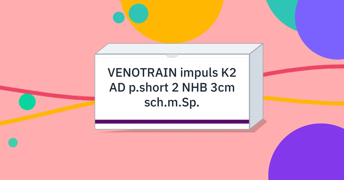 Symbolbild: Packung mit der Aufschrift VENOTRAIN impuls K2 AD p.short 2 NHB 3cm sch.m.Sp. (PZN 00651588) – Verfügbarkeit und Bezug in Apotheken in Frankfurt am Main