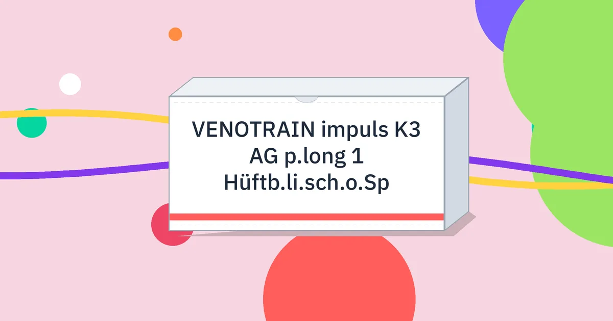 Symbolbild: Packung mit der Aufschrift VENOTRAIN impuls K3 AG p.long 1 Hüftb.li.sch.o.Sp (PZN 10296071) – Verfügbarkeit und Bezug in Apotheken in Frankfurt am Main
