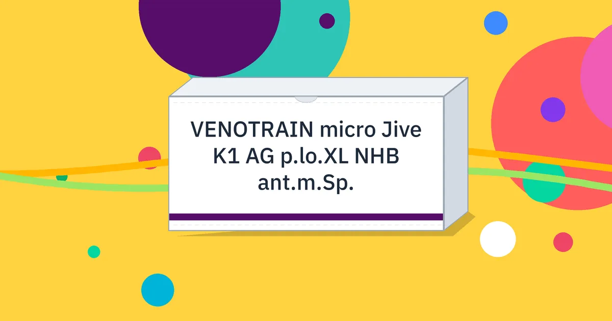 Symbolbild: Packung mit der Aufschrift VENOTRAIN micro Jive K1 AG p.lo.XL NHB ant.m.Sp. (PZN 17766611) – Verfügbarkeit und Bezug in Apotheken in Frankfurt am Main