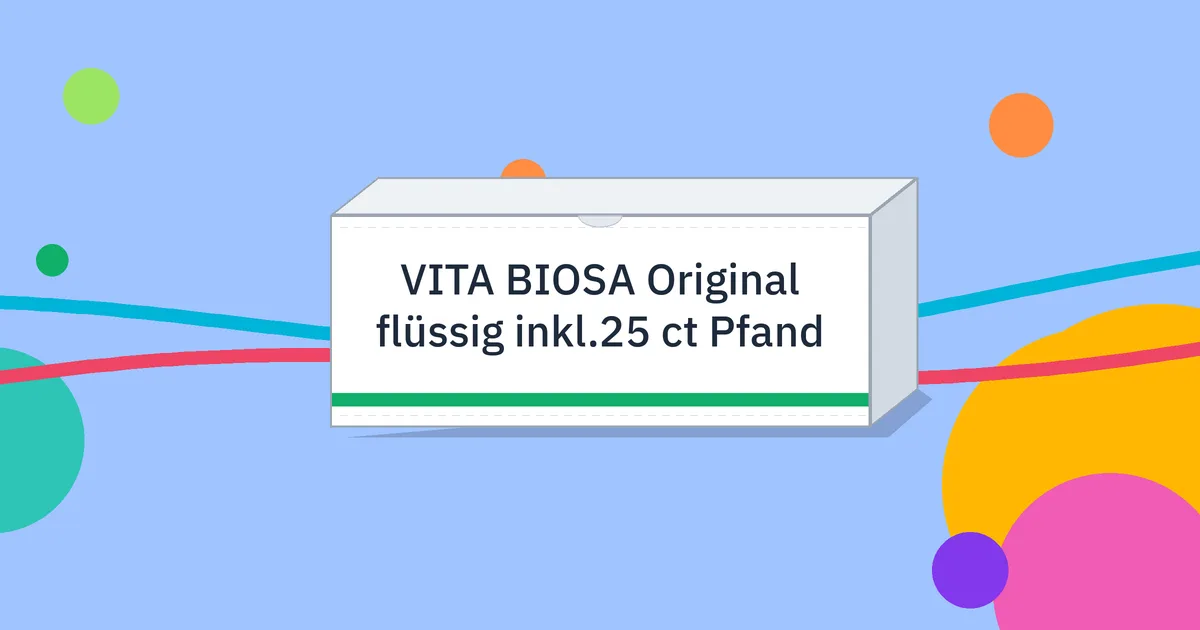 Symbolbild: Packung mit der Aufschrift VITA BIOSA Original flüssig inkl.25 ct Pfand (PZN 18227649) – Verfügbarkeit und Bezug in Apotheken in Frankfurt am Main