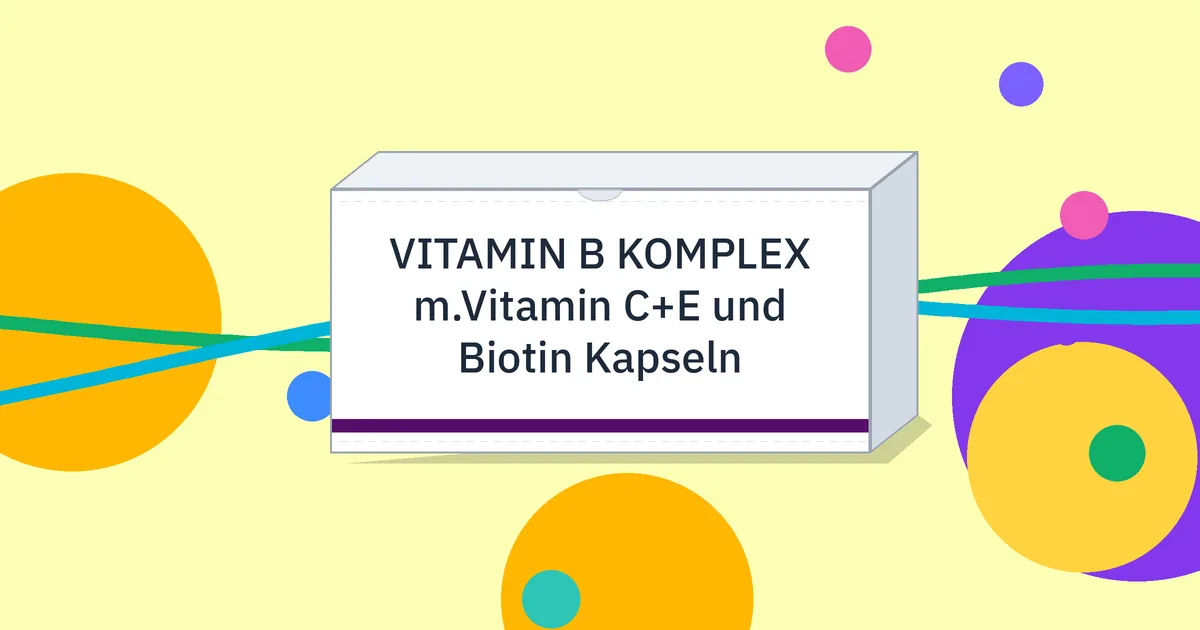 Symbolbild: Packung mit der Aufschrift VITAMIN B KOMPLEX m.Vitamin C+E und Biotin Kapseln (PZN 11336387) – Verfügbarkeit und Bezug in Apotheken in Frankfurt am Main