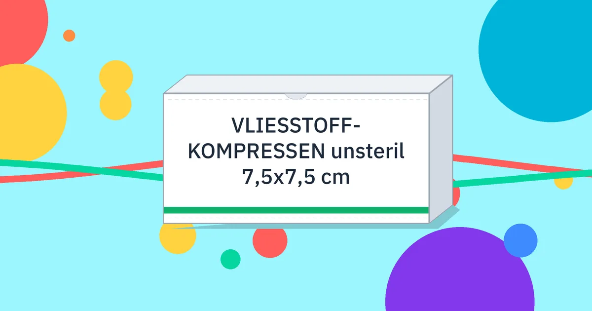 Symbolbild: Packung mit der Aufschrift VLIESSTOFF-KOMPRESSEN unsteril 7,5x7,5 cm (PZN 00571406) – Verfügbarkeit und Bezug in Apotheken in Frankfurt am Main