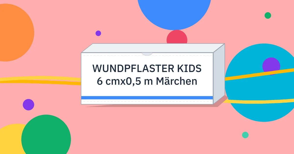 Symbolbild: Packung mit der Aufschrift WUNDPFLASTER KIDS 6 cmx0,5 m Märchen (PZN 15248964) – Verfügbarkeit und Bezug in Apotheken in Frankfurt am Main