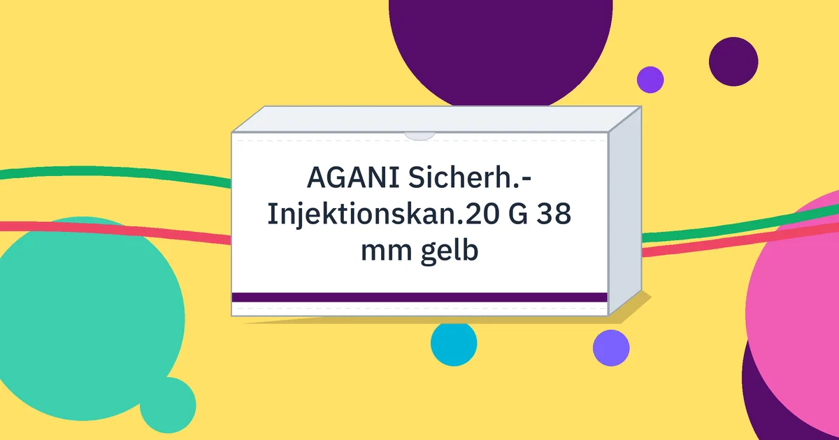 Symbolbild: Packung mit der Aufschrift AGANI Sicherh.-Injektionskan.20 G 38 mm gelb (PZN 20130710) – Verfügbarkeit und Bezug in Apotheken in Frankfurt am Main
