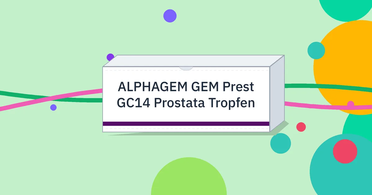 Symbolbild: Packung mit der Aufschrift ALPHAGEM GEM Prest GC14 Prostata Tropfen (PZN 20296586) – Verfügbarkeit und Bezug in Apotheken in Frankfurt am Main
