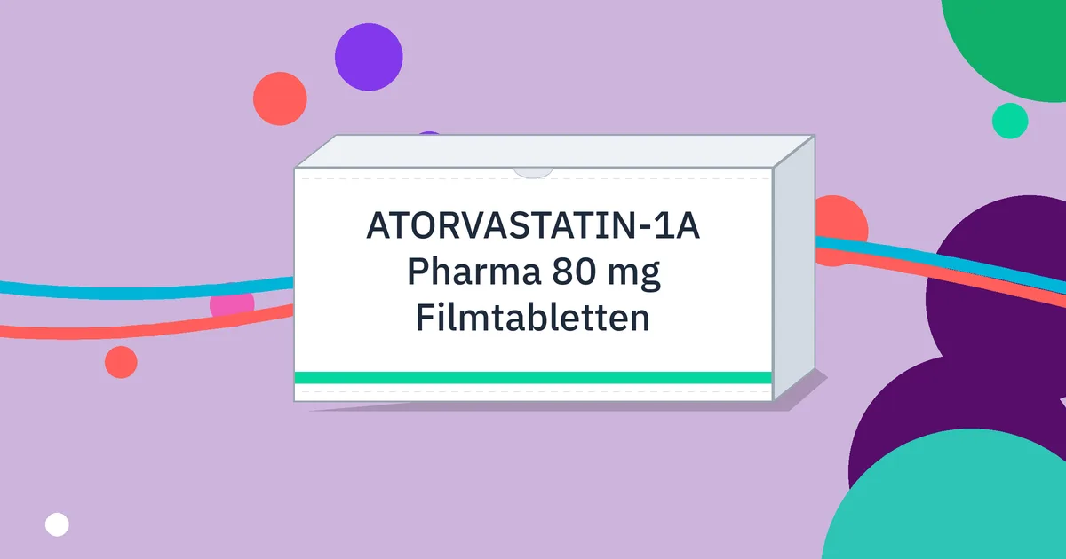 Symbolbild: Packung mit der Aufschrift ATORVASTATIN-1A Pharma 80 mg Filmtabletten (PZN 07753033) – Verfügbarkeit und Bezug in Apotheken in Frankfurt am Main