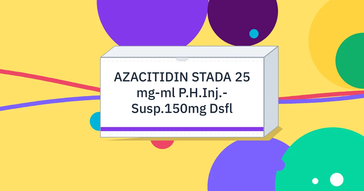 Symbolbild: Packung mit der Aufschrift AZACITIDIN STADA 25 mg-ml P.H.Inj.-Susp.150mg Dsfl (PZN 18241052) – Verfügbarkeit und Bezug in Apotheken in Frankfurt am Main
