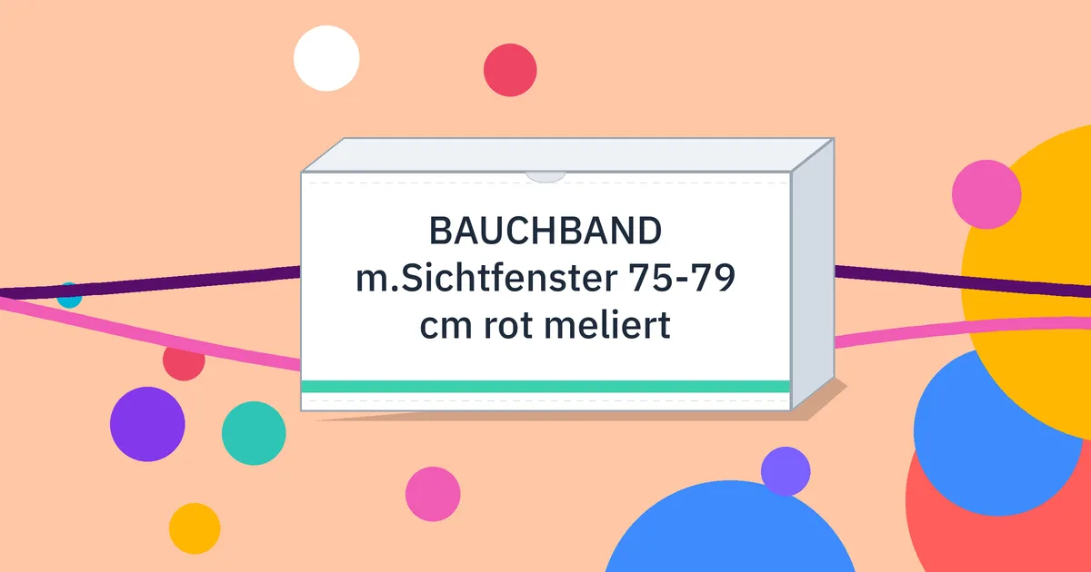 Symbolbild: Packung mit der Aufschrift BAUCHBAND m.Sichtfenster 75-79 cm rot meliert (PZN 13917177) – Verfügbarkeit und Bezug in Apotheken in Frankfurt am Main