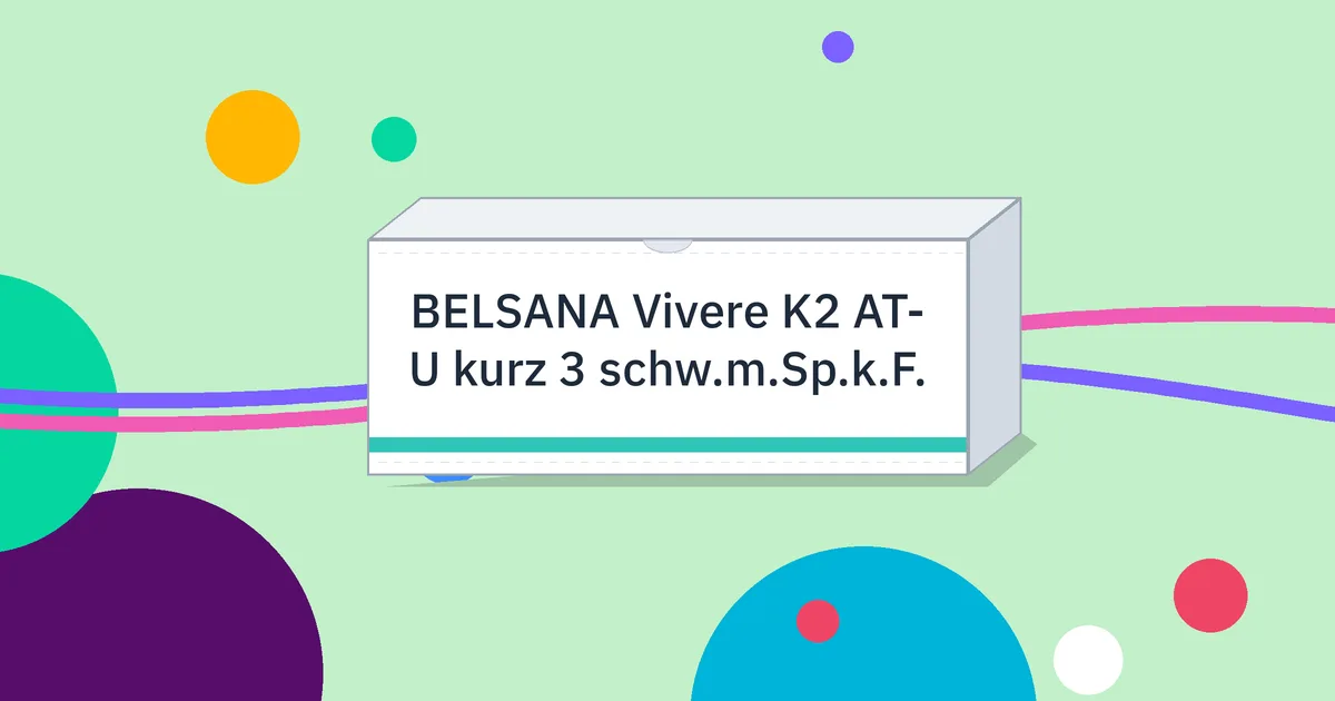 Symbolbild: Packung mit der Aufschrift BELSANA Vivere K2 AT-U kurz 3 schw.m.Sp.k.F. (PZN 08537455) – Verfügbarkeit und Bezug in Apotheken in Frankfurt am Main