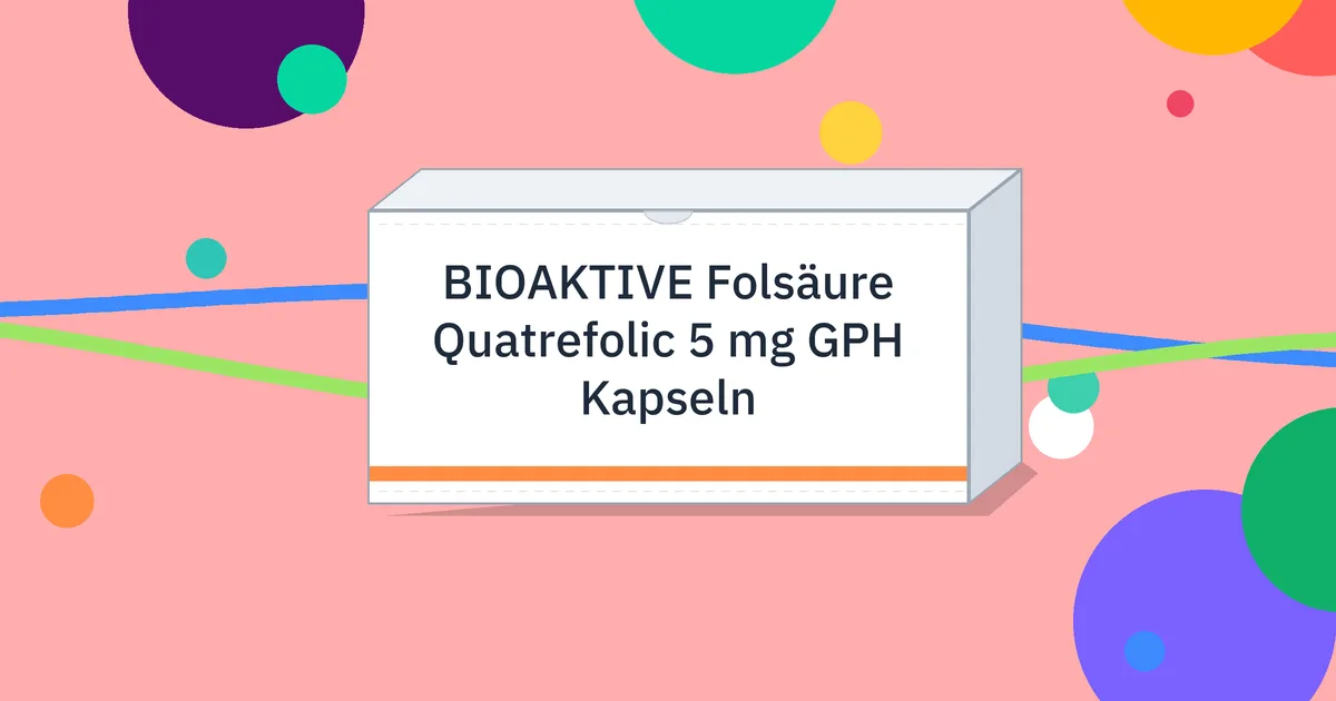 Symbolbild: Packung mit der Aufschrift BIOAKTIVE Folsäure Quatrefolic 5 mg GPH Kapseln (PZN 18310600) – Verfügbarkeit und Bezug in Apotheken in Frankfurt am Main
