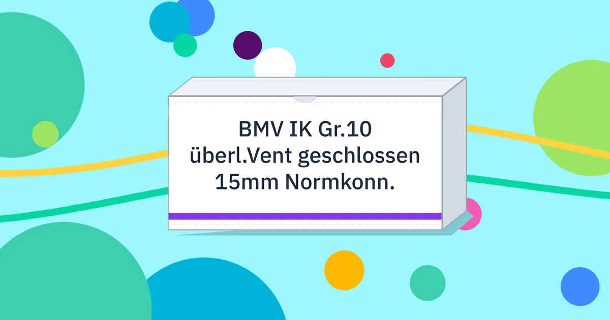 Symbolbild: Packung mit der Aufschrift BMV IK Gr.10 überl.Vent geschlossen 15mm Normkonn. (PZN 18381451) – Verfügbarkeit und Bezug in Apotheken in Frankfurt am Main