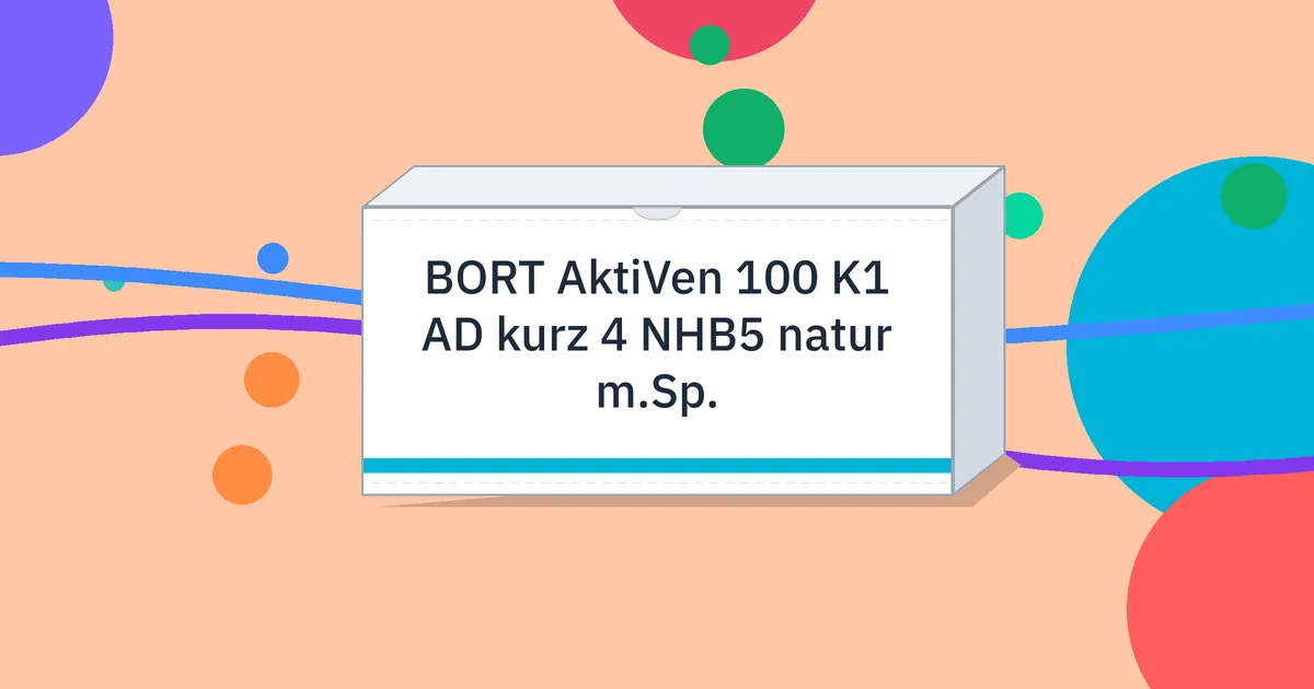 Symbolbild: Packung mit der Aufschrift BORT AktiVen 100 K1 AD kurz 4 NHB5 natur m.Sp. (PZN 17493739) – Verfügbarkeit und Bezug in Apotheken in Frankfurt am Main
