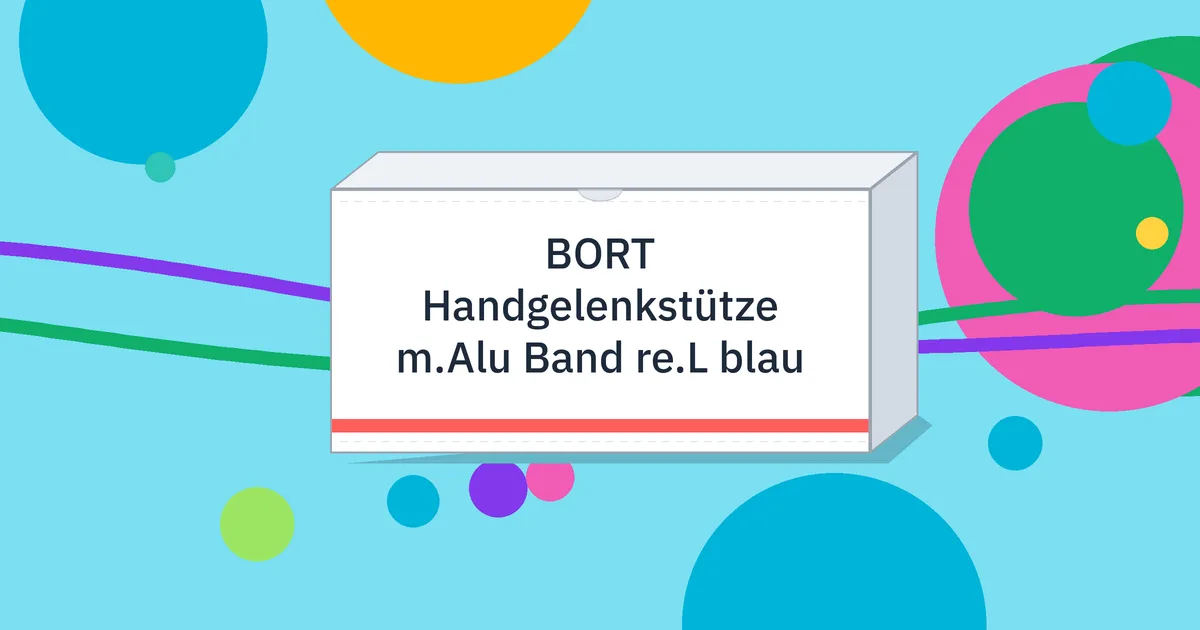 Symbolbild: Packung mit der Aufschrift BORT Handgelenkstütze m.Alu Band re.L blau (PZN 04125342) – Verfügbarkeit und Bezug in Apotheken in Frankfurt am Main