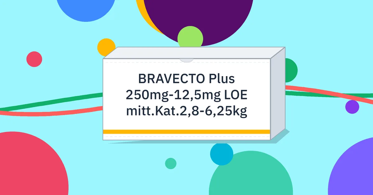 Symbolbild: Packung mit der Aufschrift BRAVECTO Plus 250mg-12,5mg LOE mitt.Kat.2,8-6,25kg (PZN 16499533) – Verfügbarkeit und Bezug in Apotheken in Frankfurt am Main