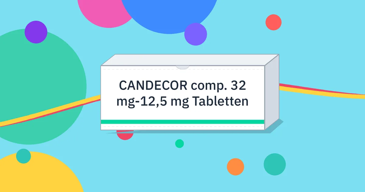 Symbolbild: Packung mit der Aufschrift CANDECOR comp. 32 mg-12,5 mg Tabletten (PZN 09633646) – Verfügbarkeit und Bezug in Apotheken in Frankfurt am Main