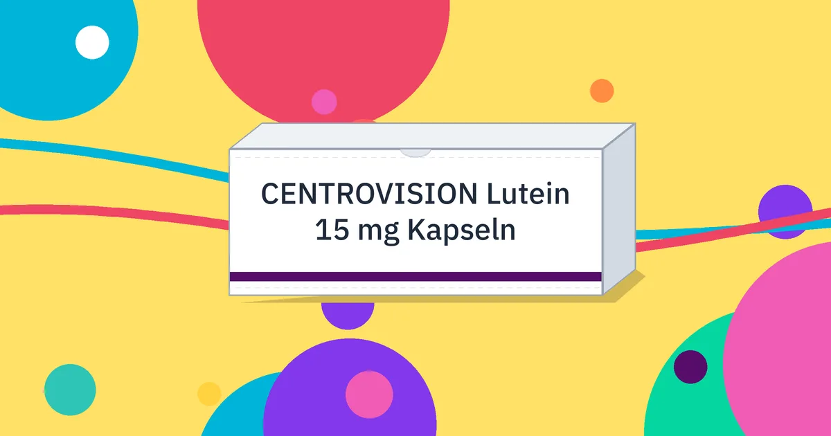 Symbolbild: Packung mit der Aufschrift CENTROVISION Lutein 15 mg Kapseln (PZN 15401294) – Verfügbarkeit und Bezug in Apotheken in Frankfurt am Main