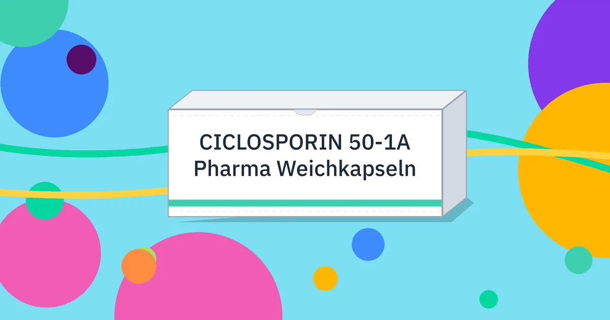 Symbolbild: Packung mit der Aufschrift CICLOSPORIN 50-1A Pharma Weichkapseln (PZN 02725931) – Verfügbarkeit und Bezug in Apotheken in Frankfurt am Main