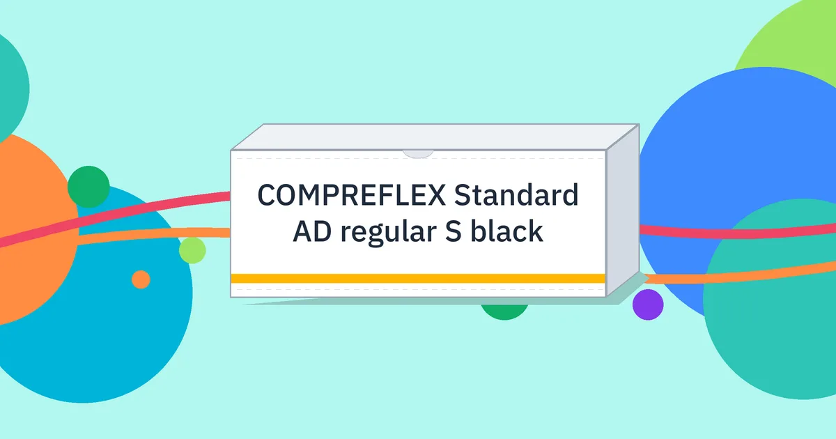 Symbolbild: Packung mit der Aufschrift COMPREFLEX Standard AD regular S black (PZN 19534885) – Verfügbarkeit und Bezug in Apotheken in Frankfurt am Main
