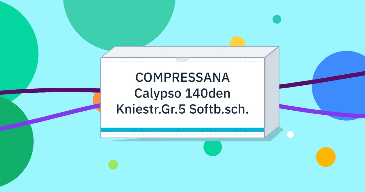 Symbolbild: Packung mit der Aufschrift COMPRESSANA Calypso 140den Kniestr.Gr.5 Softb.sch. (PZN 09076559) – Verfügbarkeit und Bezug in Apotheken in Frankfurt am Main