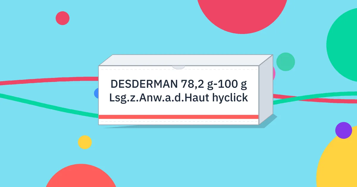 Symbolbild: Packung mit der Aufschrift DESDERMAN 78,2 g-100 g Lsg.z.Anw.a.d.Haut hyclick (PZN 16582665) – Verfügbarkeit und Bezug in Apotheken in Frankfurt am Main
