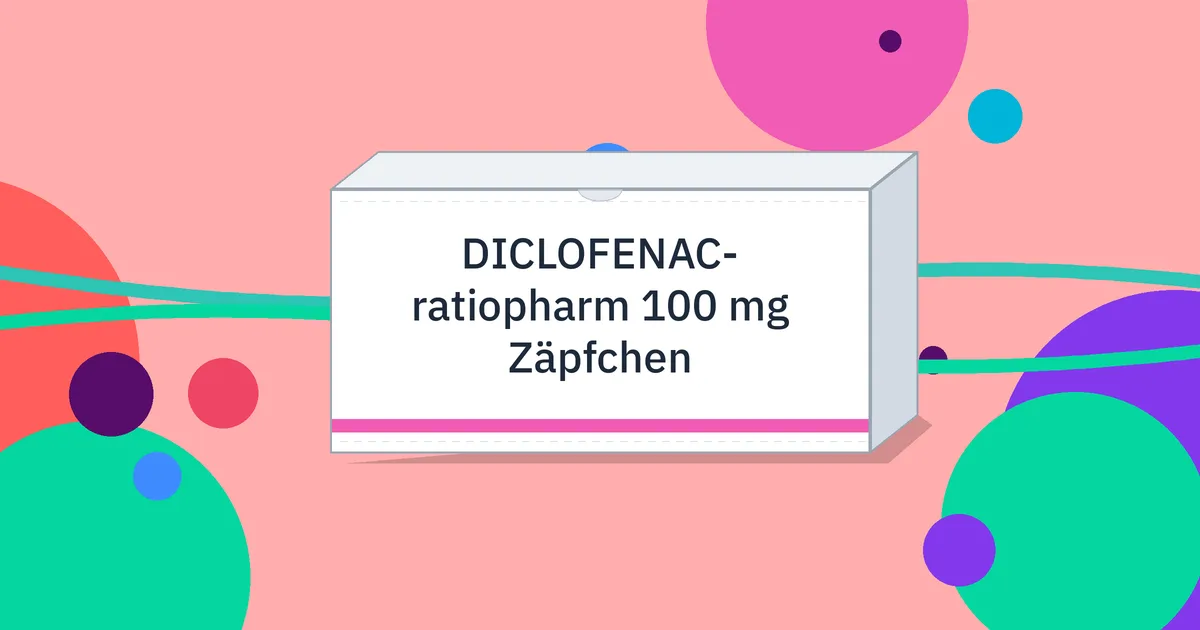 Symbolbild: Packung mit der Aufschrift DICLOFENAC-ratiopharm 100 mg Zäpfchen (PZN 06605968) – Verfügbarkeit und Bezug in Apotheken in Frankfurt am Main