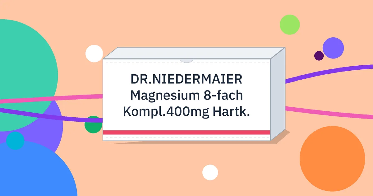 Symbolbild: Packung mit der Aufschrift DR.NIEDERMAIER Magnesium 8-fach Kompl.400mg Hartk. (PZN 19645113) – Verfügbarkeit und Bezug in Apotheken in Frankfurt am Main