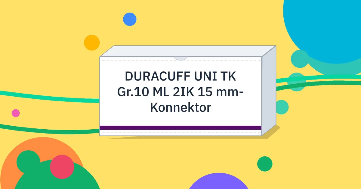 Symbolbild: Packung mit der Aufschrift DURACUFF UNI TK Gr.10 ML 2IK 15 mm-Konnektor (PZN 01222783) – Verfügbarkeit und Bezug in Apotheken in Frankfurt am Main
