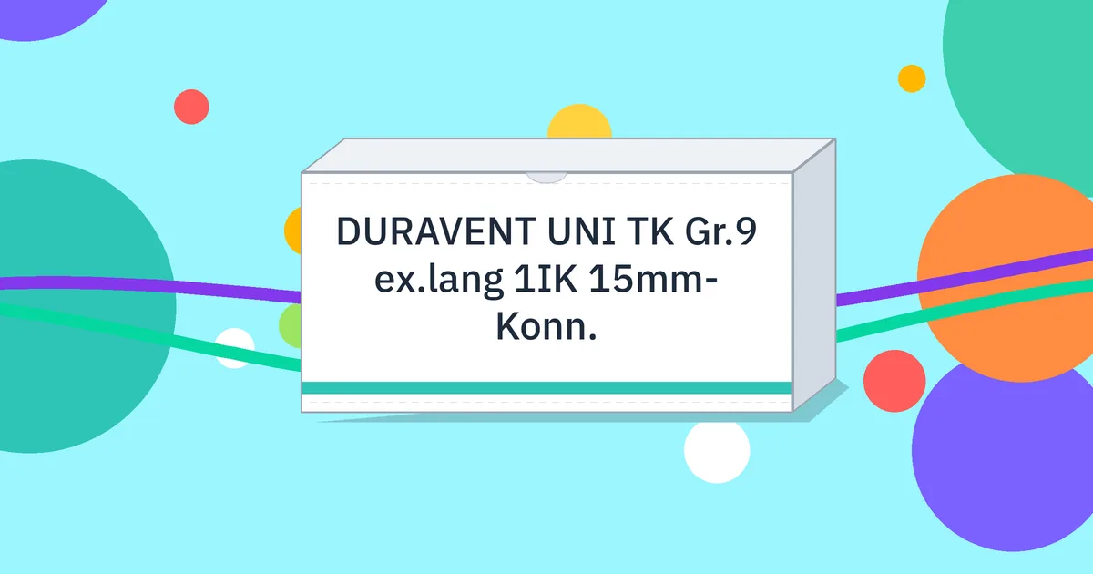 Symbolbild: Packung mit der Aufschrift DURAVENT UNI TK Gr.9 ex.lang 1IK 15mm-Konn. (PZN 18121796) – Verfügbarkeit und Bezug in Apotheken in Frankfurt am Main