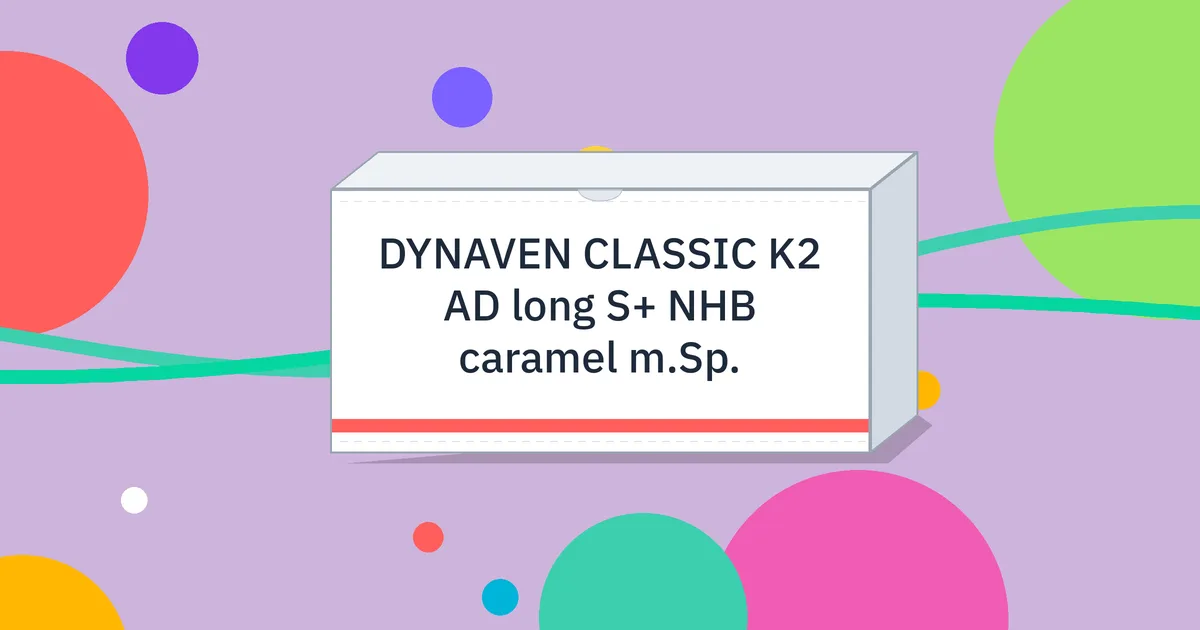 Symbolbild: Packung mit der Aufschrift DYNAVEN CLASSIC K2 AD long S+ NHB caramel m.Sp. (PZN 18418177) – Verfügbarkeit und Bezug in Apotheken in Frankfurt am Main