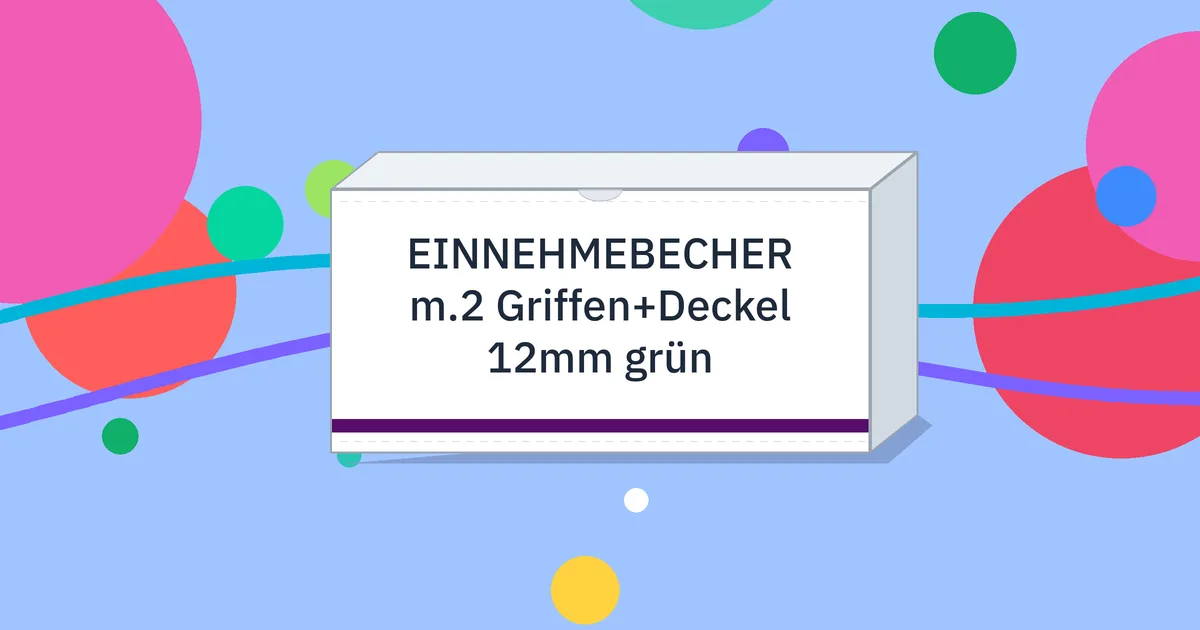 Symbolbild: Packung mit der Aufschrift EINNEHMEBECHER m.2 Griffen+Deckel 12mm grün (PZN 01349839) – Verfügbarkeit und Bezug in Apotheken in Frankfurt am Main