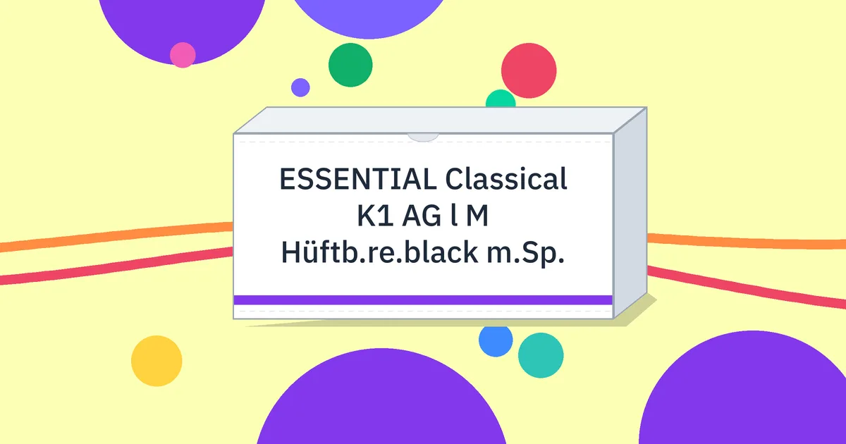 Symbolbild: Packung mit der Aufschrift ESSENTIAL Classical K1 AG l M Hüftb.re.black m.Sp. (PZN 17013610) – Verfügbarkeit und Bezug in Apotheken in Frankfurt am Main