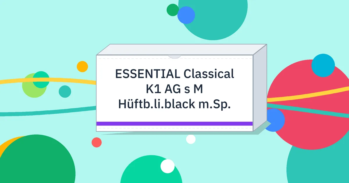 Symbolbild: Packung mit der Aufschrift ESSENTIAL Classical K1 AG s M Hüftb.li.black m.Sp. (PZN 17013283) – Verfügbarkeit und Bezug in Apotheken in Frankfurt am Main