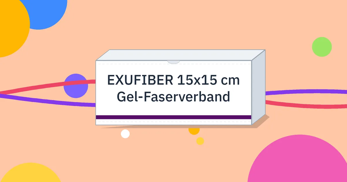 Symbolbild: Packung mit der Aufschrift EXUFIBER 15x15 cm Gel-Faserverband (PZN 18003045) – Verfügbarkeit und Bezug in Apotheken in Frankfurt am Main
